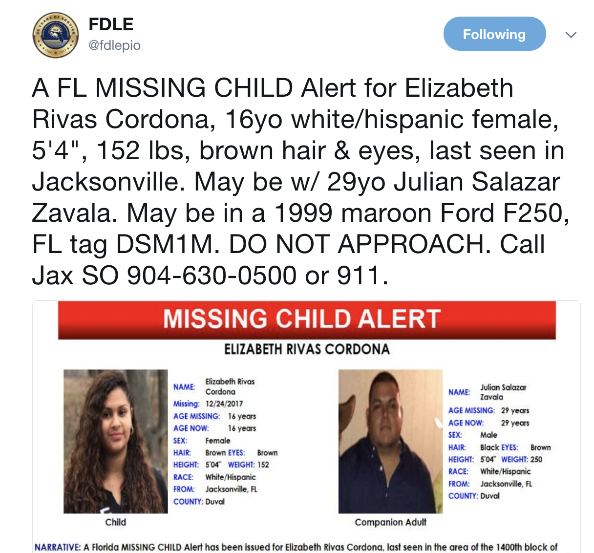 MISSING CHILD ALERT: 16 YO white/hispanic female from Jacksonville ...