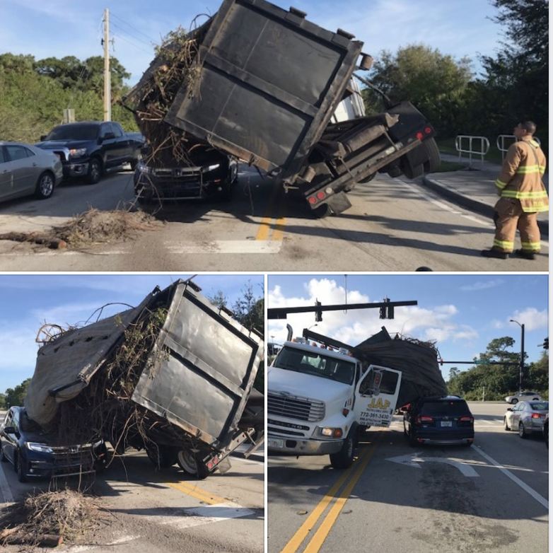 Truck carrying “drop off dumpster”, flipped onto an SUV; no injuries ...